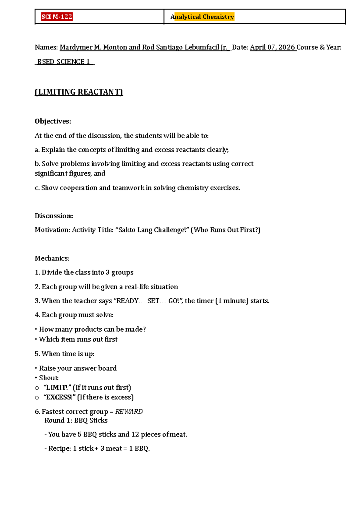 SCI 1 Limiting Reactant Lesson Plan and Activities - Studocu