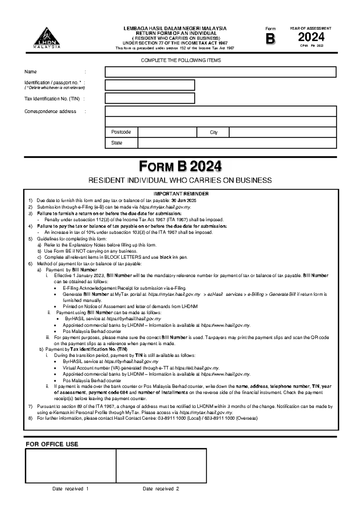 TAX267 FORM B 2024 - Individual Business Return Under ITA 1967 - Studocu
