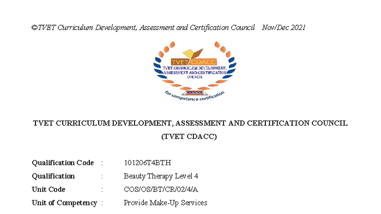 TVET 101206T4BTH Beauty Therapy Level 4 Assessment Guide - Studocu