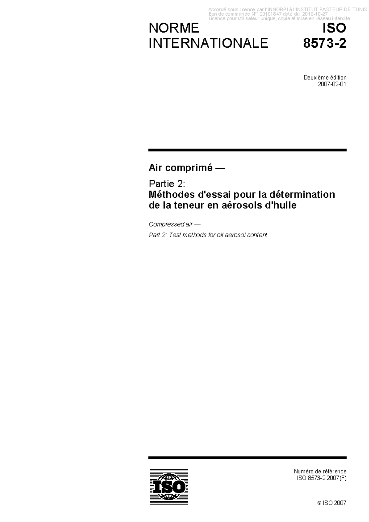 ISO 8573-2:2007 - Méthodes de Détermination de la Teneur en Aérosols ...