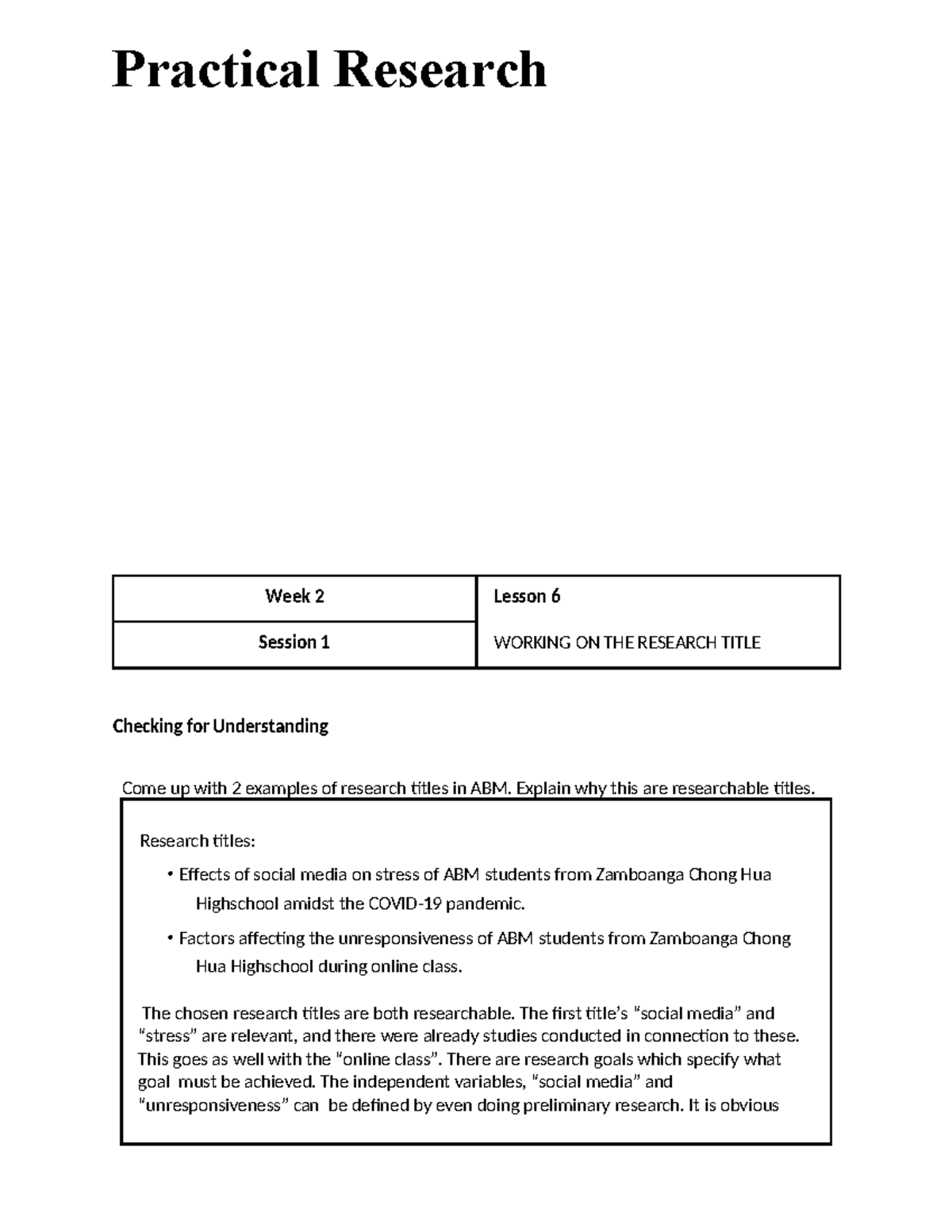 L6 W2 PR - Research Titles on ABM Students' Pandemic Experiences - Studocu