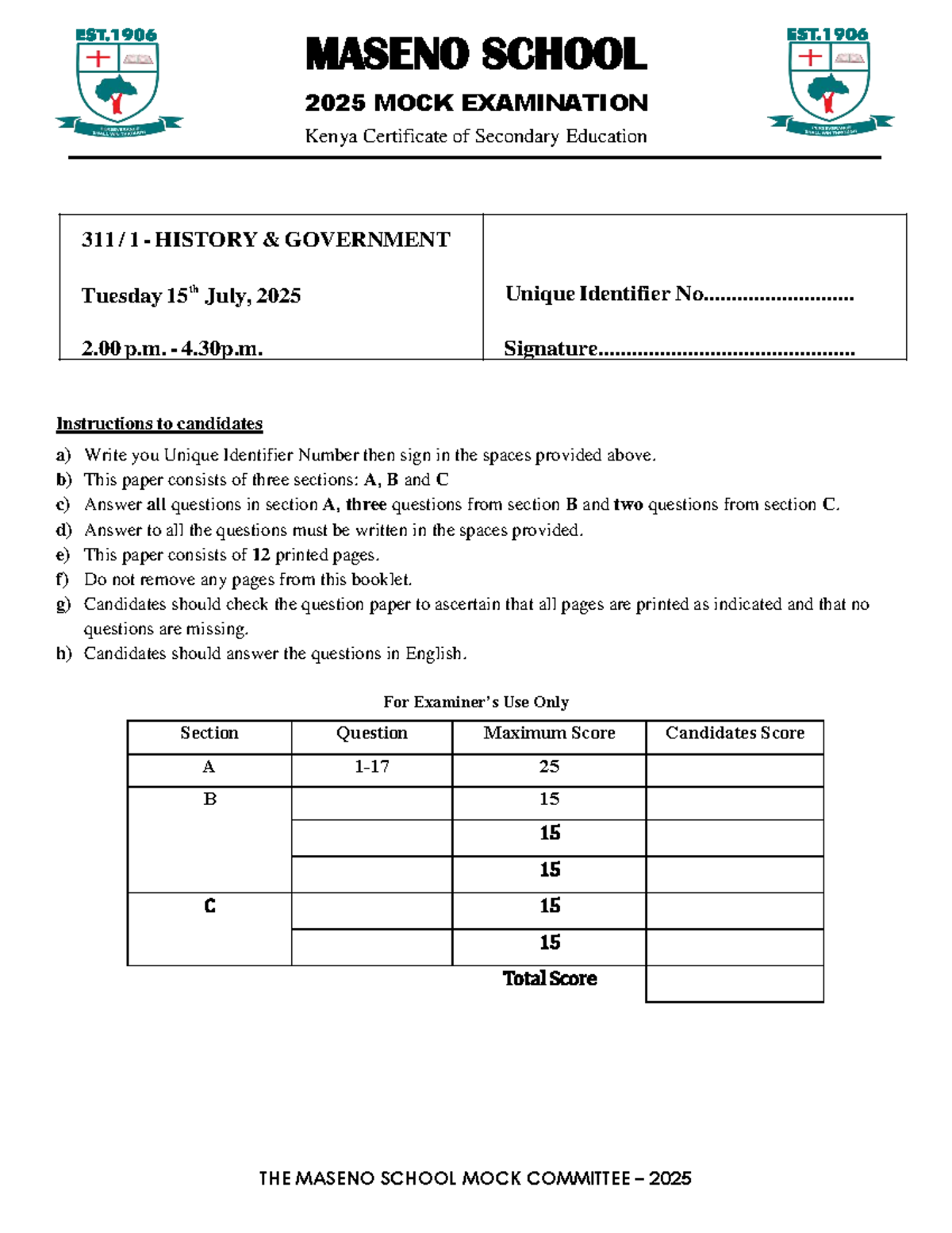 MASENO SCHOOL 2025 MOCK EXAM HISTORY GOVT PAPER 1 - Studocu