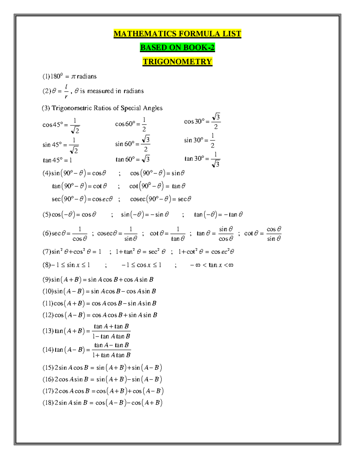 MATHEMATICS FORMULA LIST FOR CLASS XII: TRIGONOMETRY & INTEGRATION ...