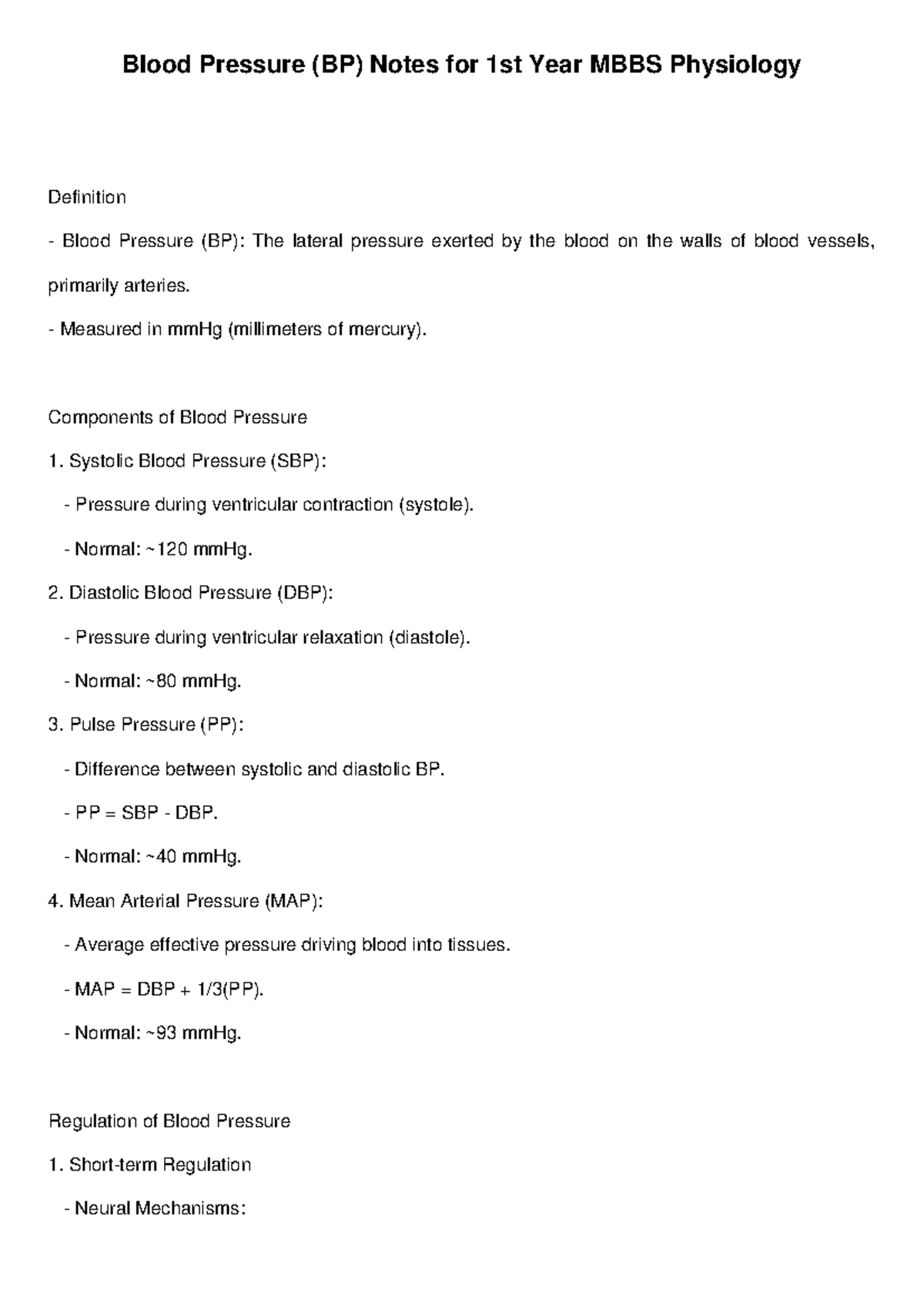 Blood Pressure (BP) Physiology Notes for 1st Year MBBS Students - Studocu
