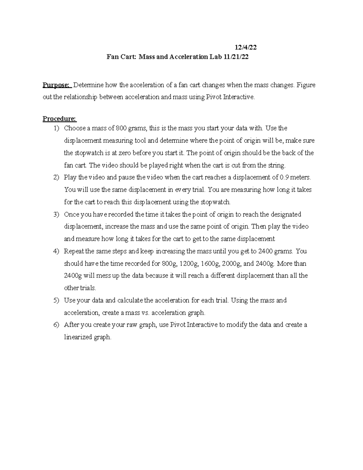 Fan Cart Mass and Acceleration Lab - Figure out the relationship ...