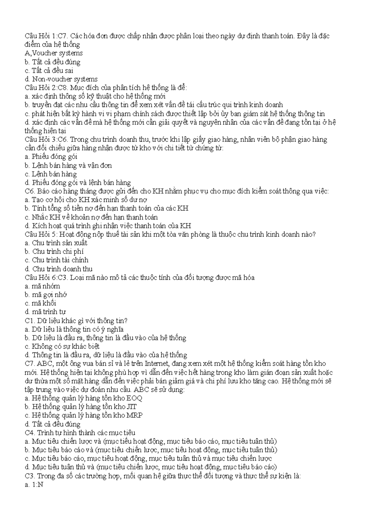 Đề Kiểm Tra Hệ Thống Thông Tin Kế Toán AIS - 123 - Studocu