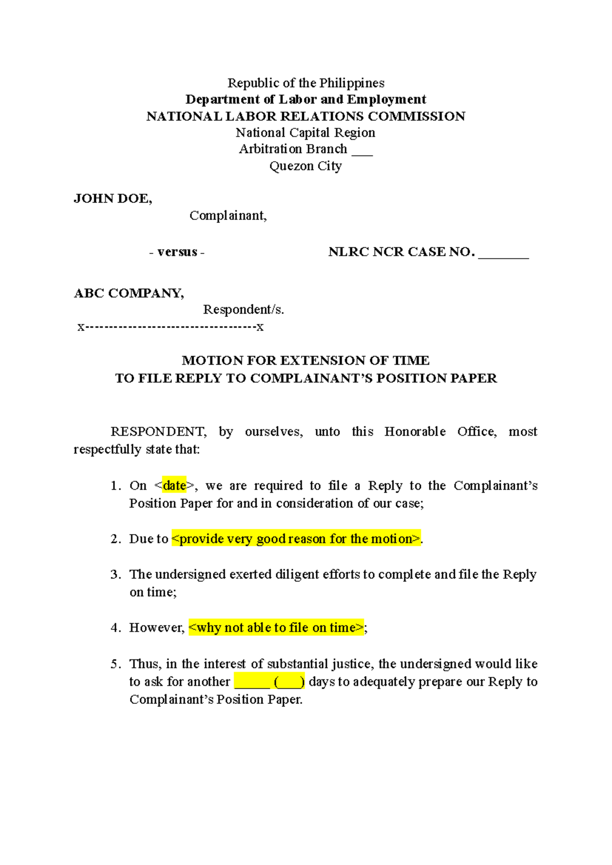 NLRC NCR CASE MOTION FOR EXTENSION OF TIME TO FILE REPLY 2024 - Studocu