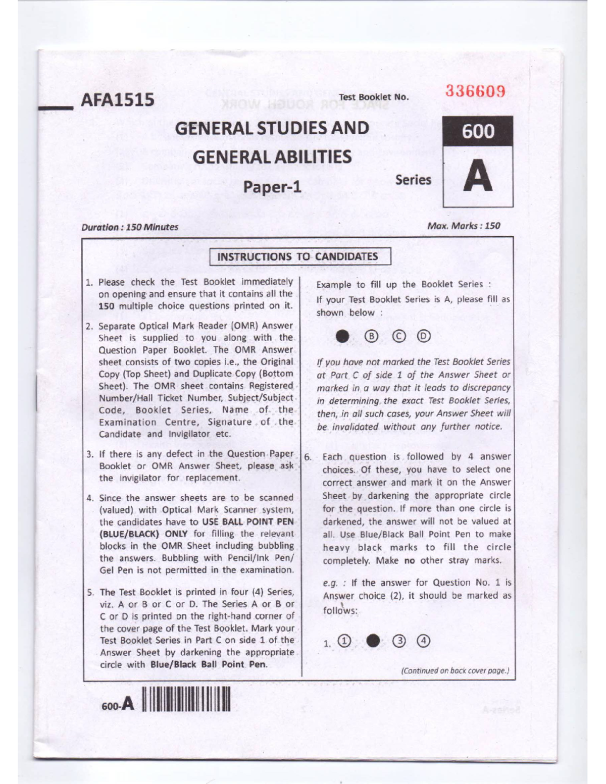 AFA1515 General Studies Test Booklet - Series A (Max Marks: 150) - Studocu