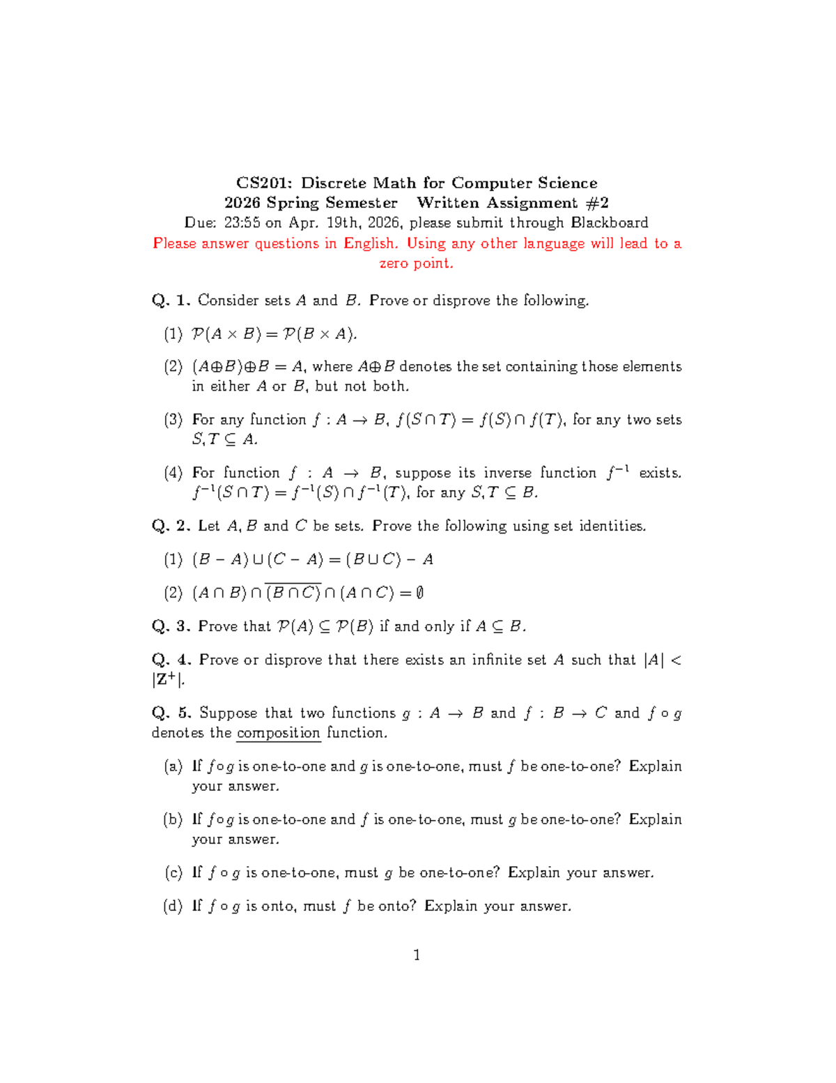 CS201: Discrete Math Homework 2 - Spring 2026 Assignment - Studocu