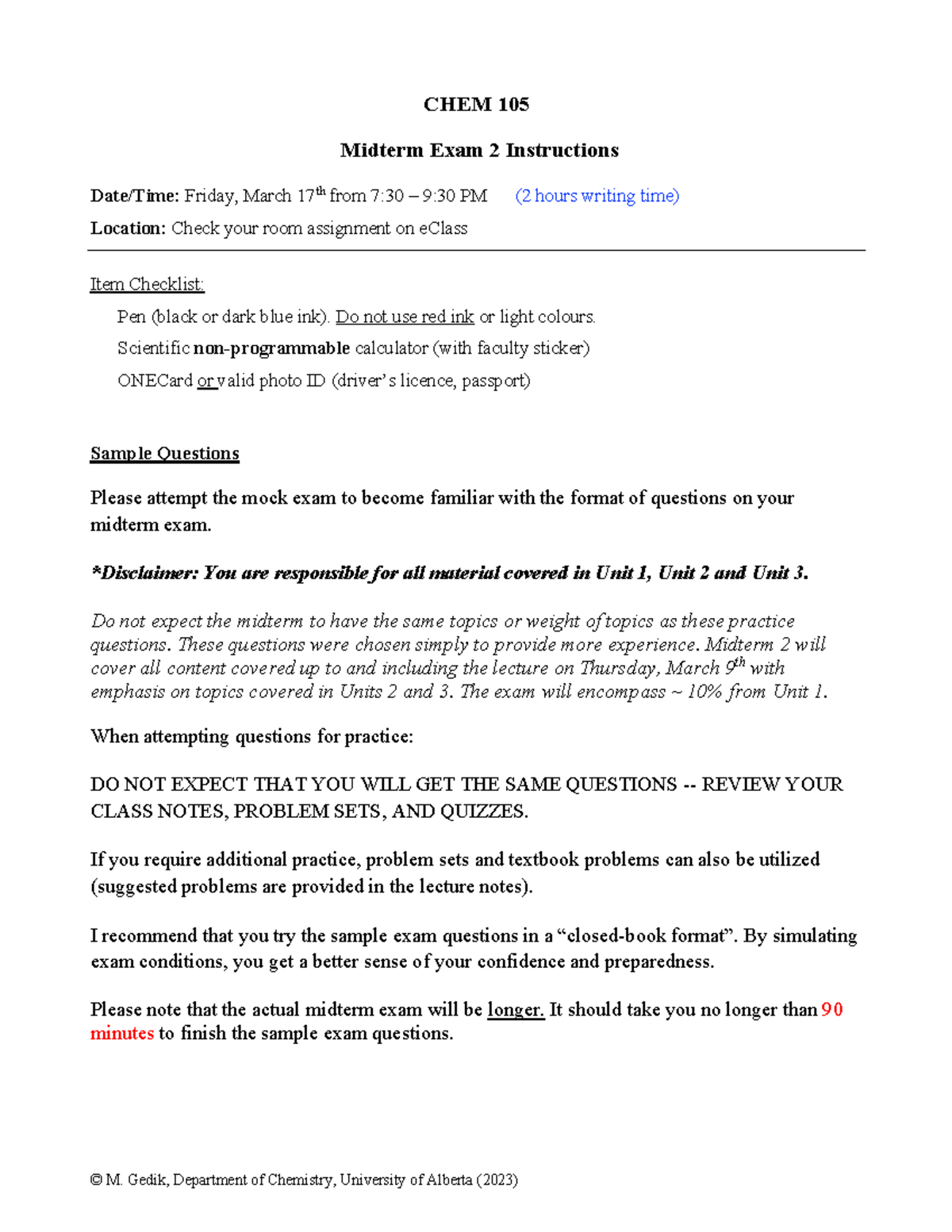CHEM 105 Midterm 2 Sample Questions and Exam Instructions - Studocu