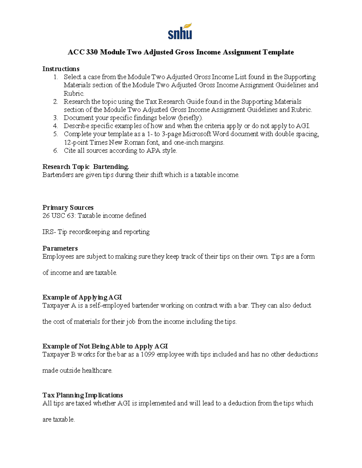 ACC 330 AGI Assignment: Bartending Tax Implications & Guidelines - Studocu