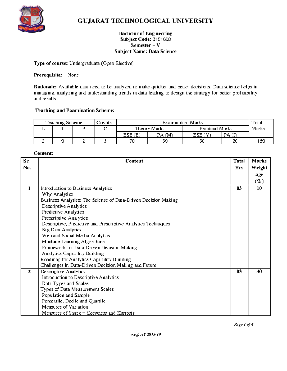 3151608 - Data Science Syllabus for Bachelor of Engineering (Sem V ...