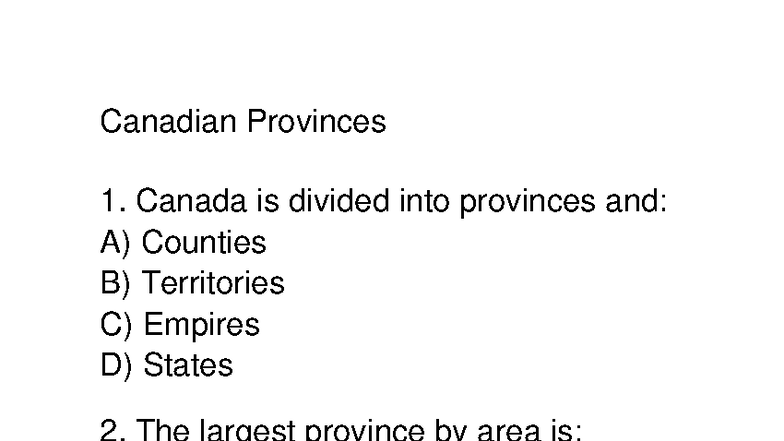 Canadian Provinces Quiz - Key Facts and Answers - Studocu