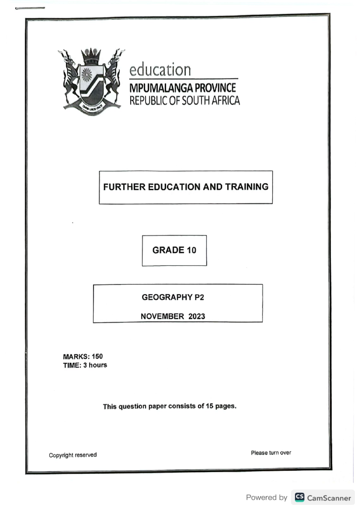 Geography Grade 10 P2 November Exam Paper 2023 - Studocu