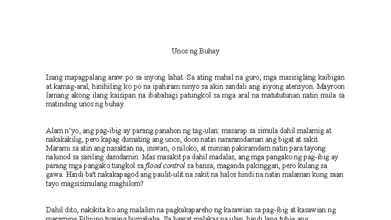 Talumpati sa Unos ng Buhay: Aral at Pag-asa para sa mga Pilipino - Studocu