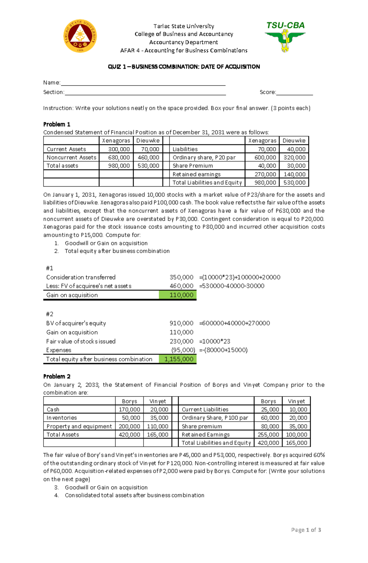AFAR 4 Accounting for Business Combinations Quiz 1: Date of Acquisition - Studocu