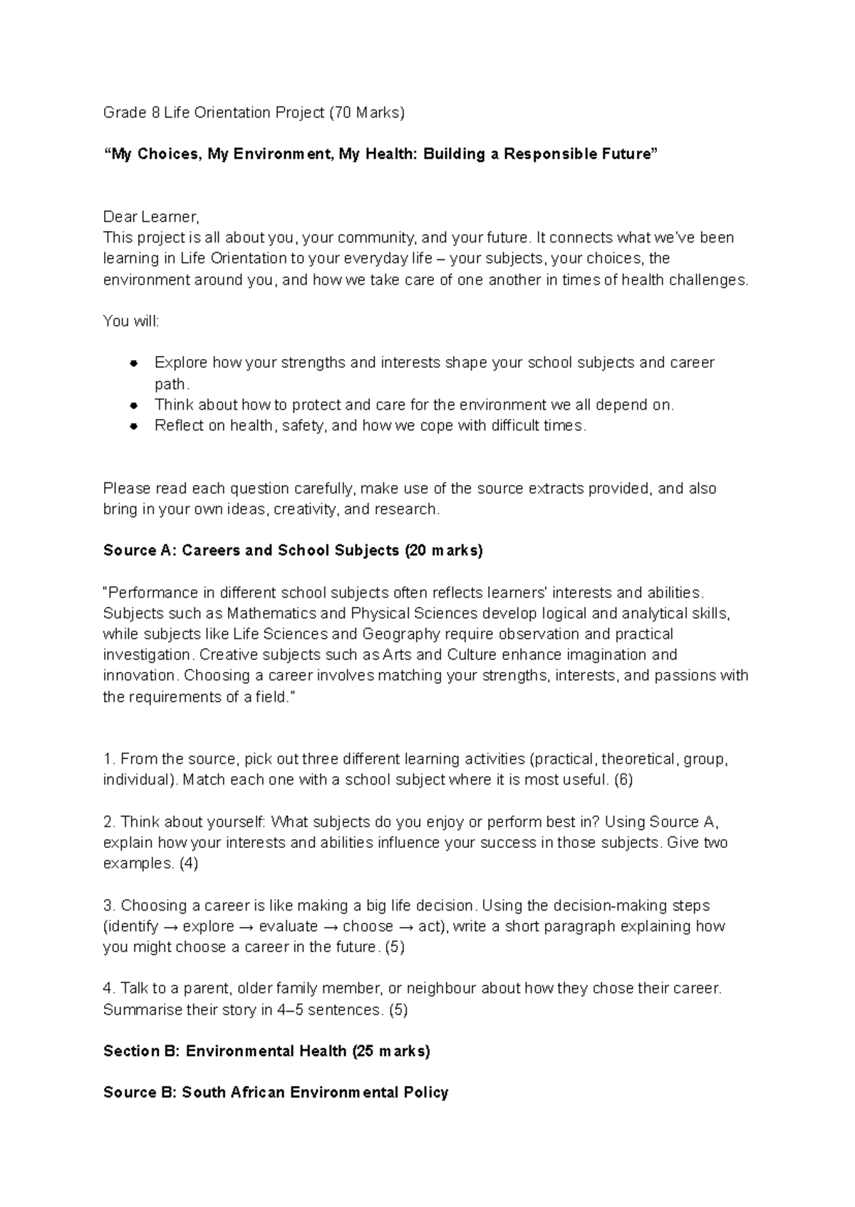 Grade 8 Life Orientation T3 Project: Choices, Environment & Health ...