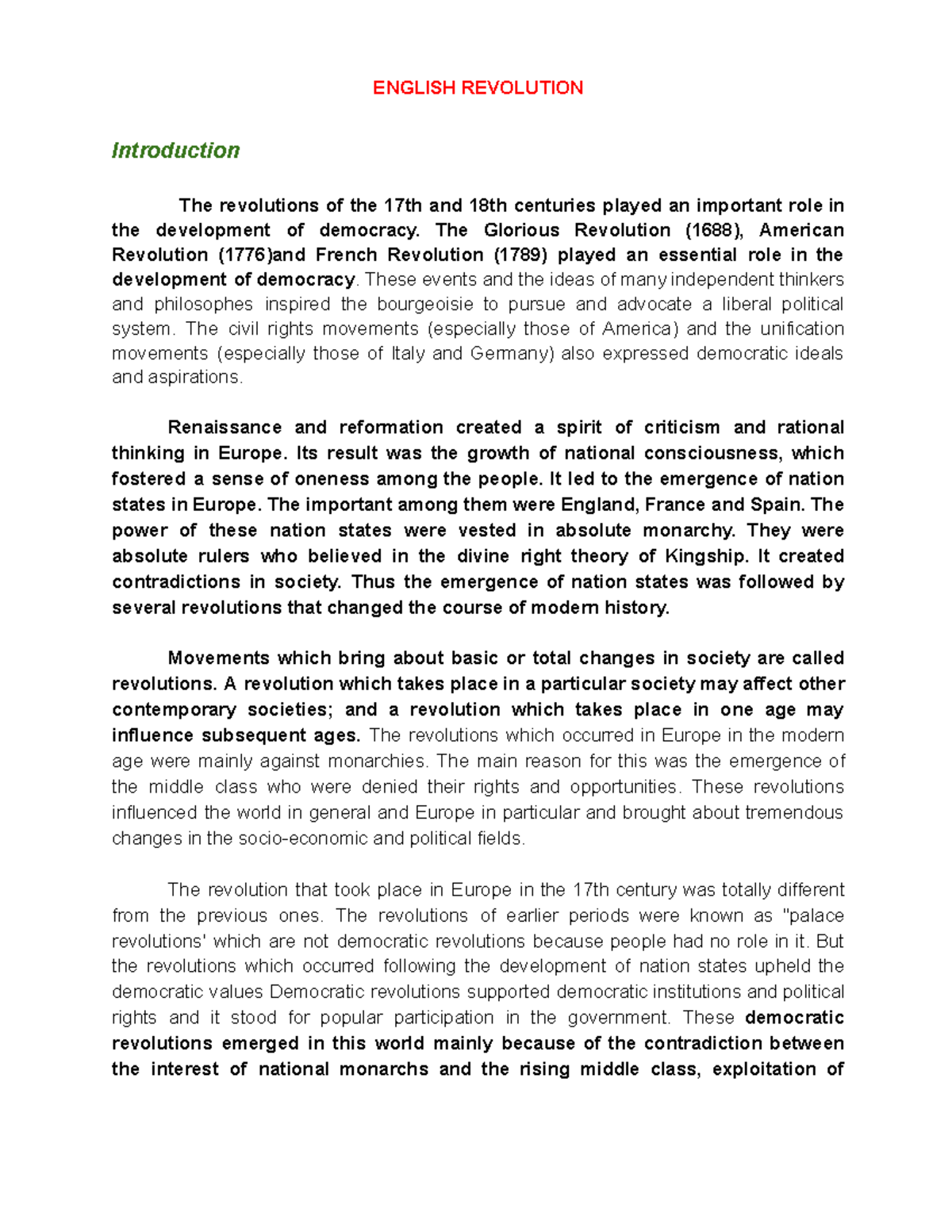 English Revolution - Lecture notes - ENGLISH REVOLUTION Introduction ...