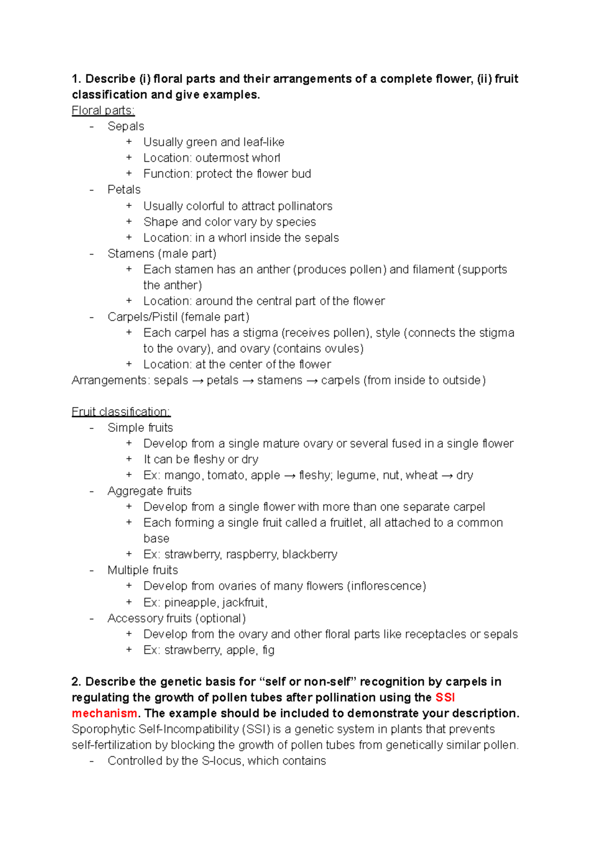 Final Exam: Plant Science (BIO 101) - Floral Parts, Genetics, and ...