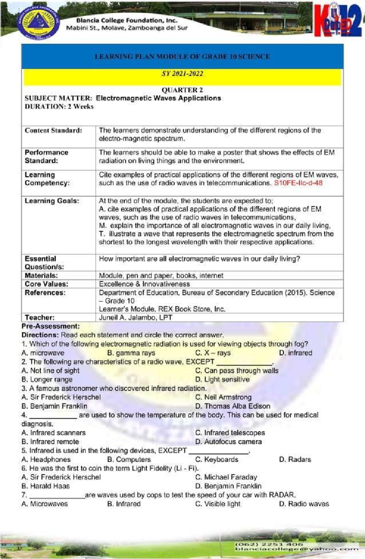 Grade 10 Science Learning Plan: Electromagnetic Waves Applications (SY ...