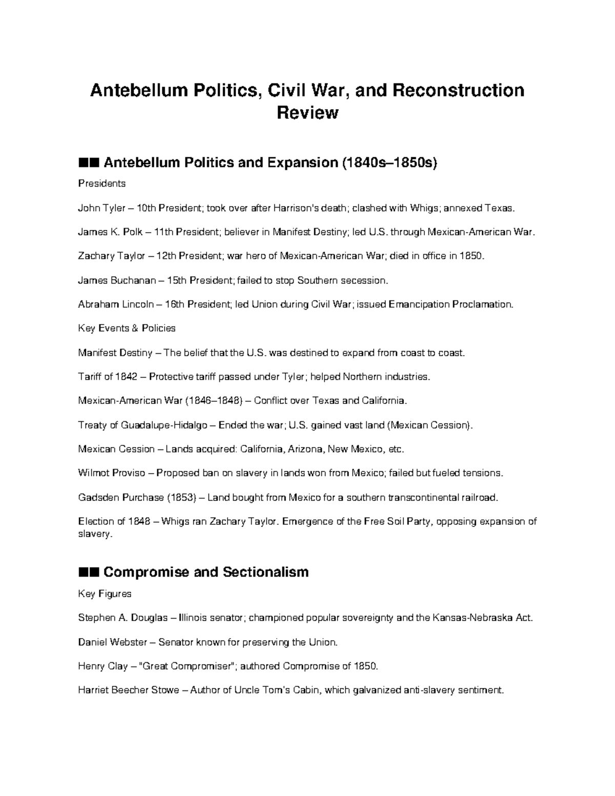 Antebellum Politics, Civil War & Reconstruction Overview - Studocu