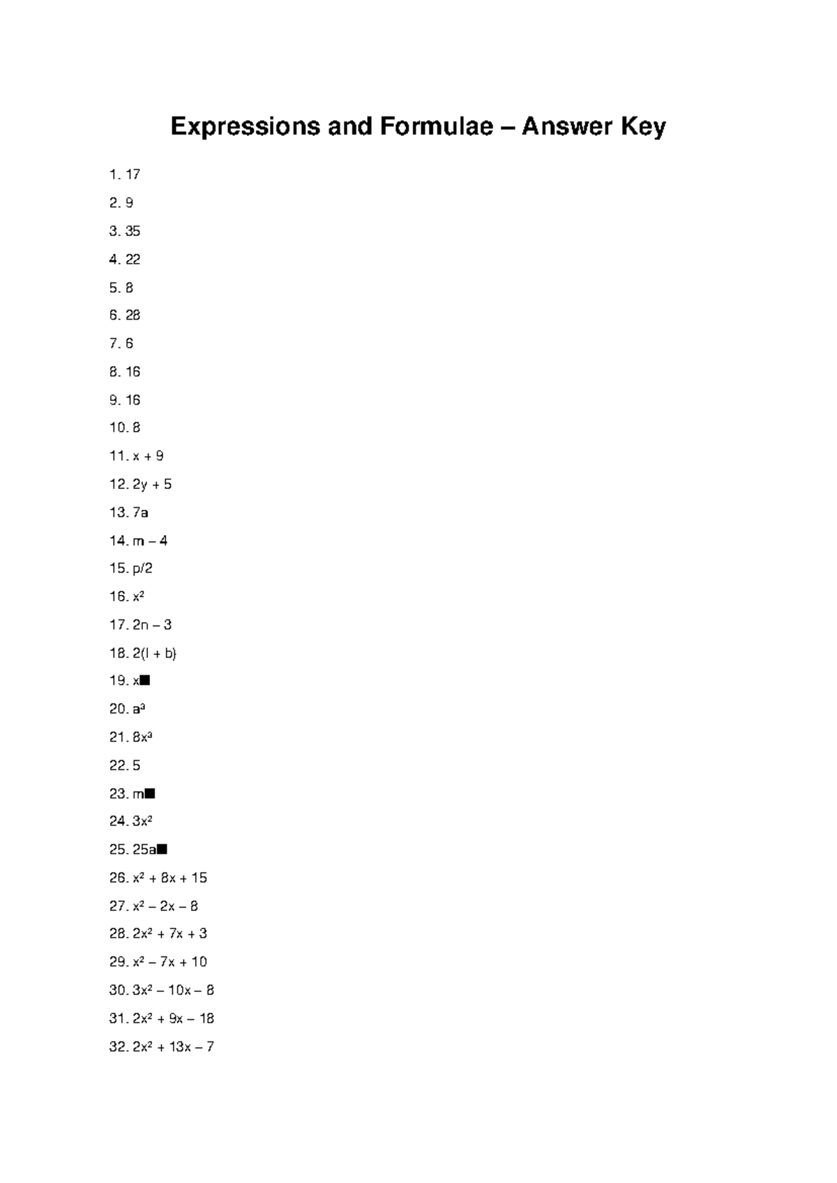 Expressions and Formulae – Answer Key for Review - Studocu