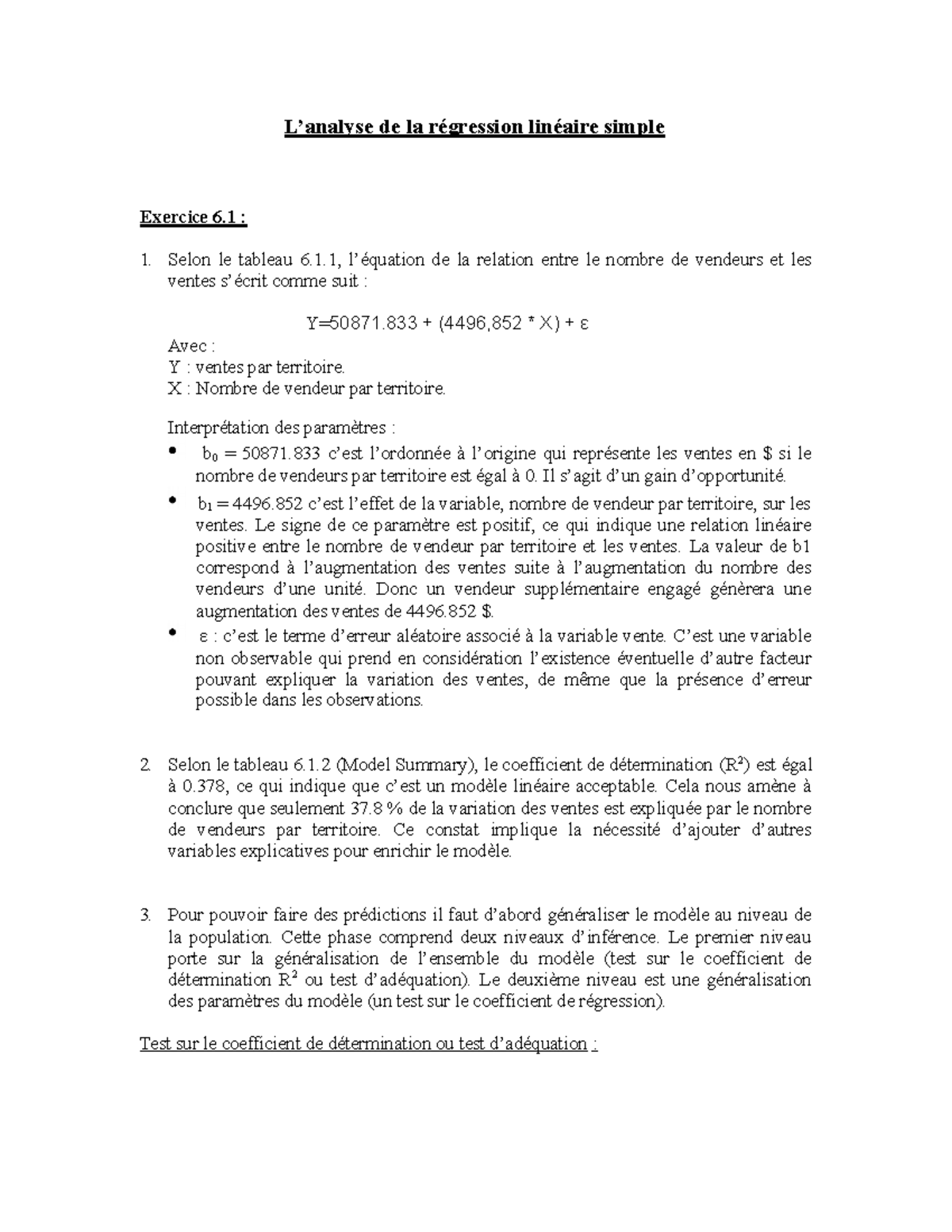 Analyse de la Régression Linéaire Simple - Exercice 6.1 (p.129) - Studocu