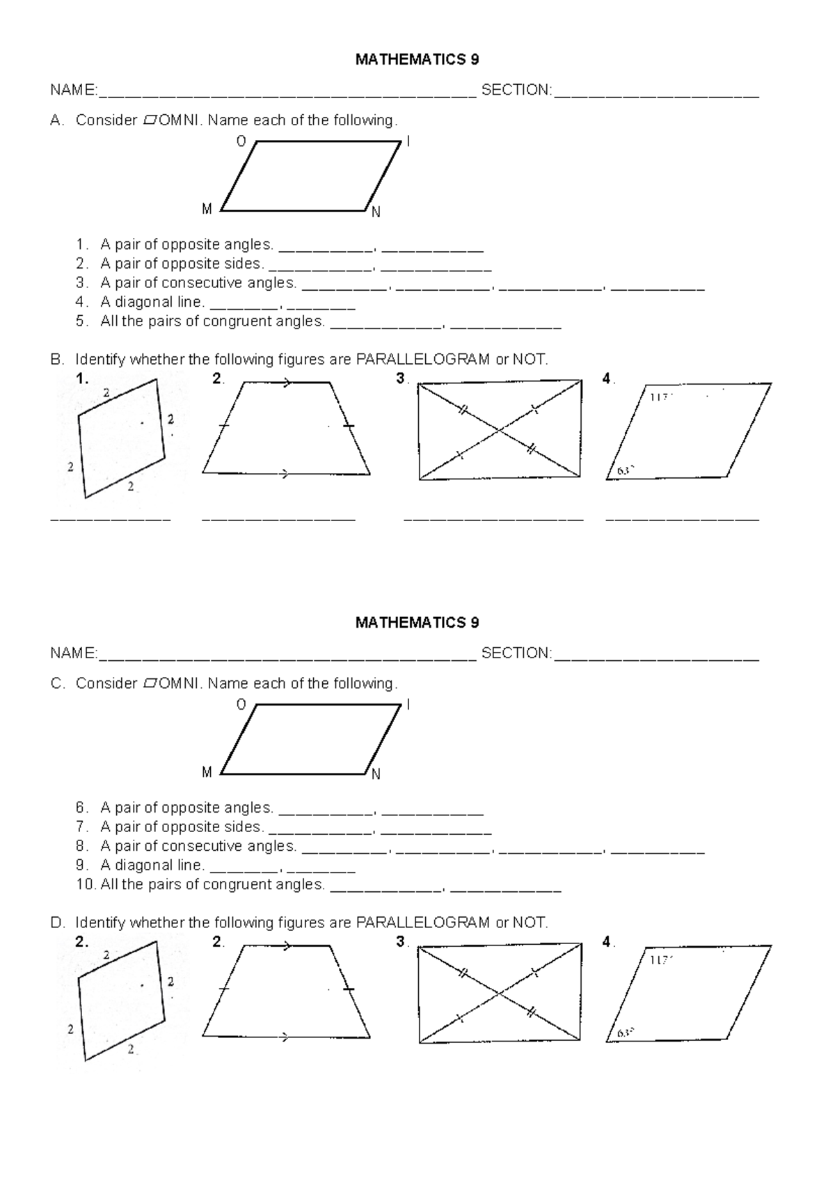 Feb. 13 worksheet Grade 9 - MATHEMATICS 9 NAME