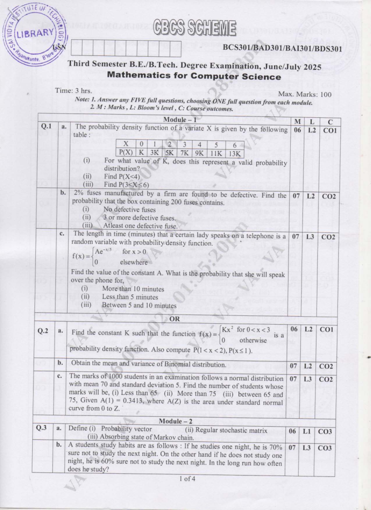 Mathematics for Computer Science BCS301 Exam Paper - June 2025 - Studocu