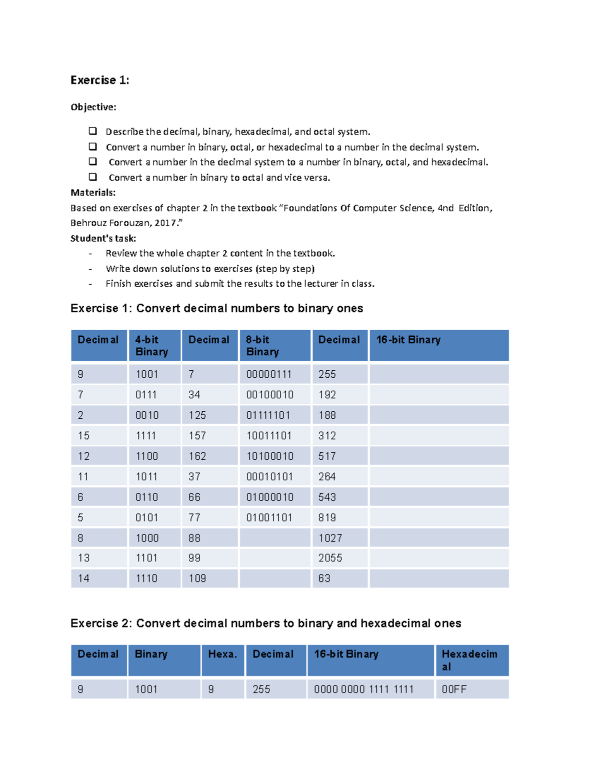 Exercise 1 - ,,, - Exercise 1: Objective: Describe the decimal, binary ...