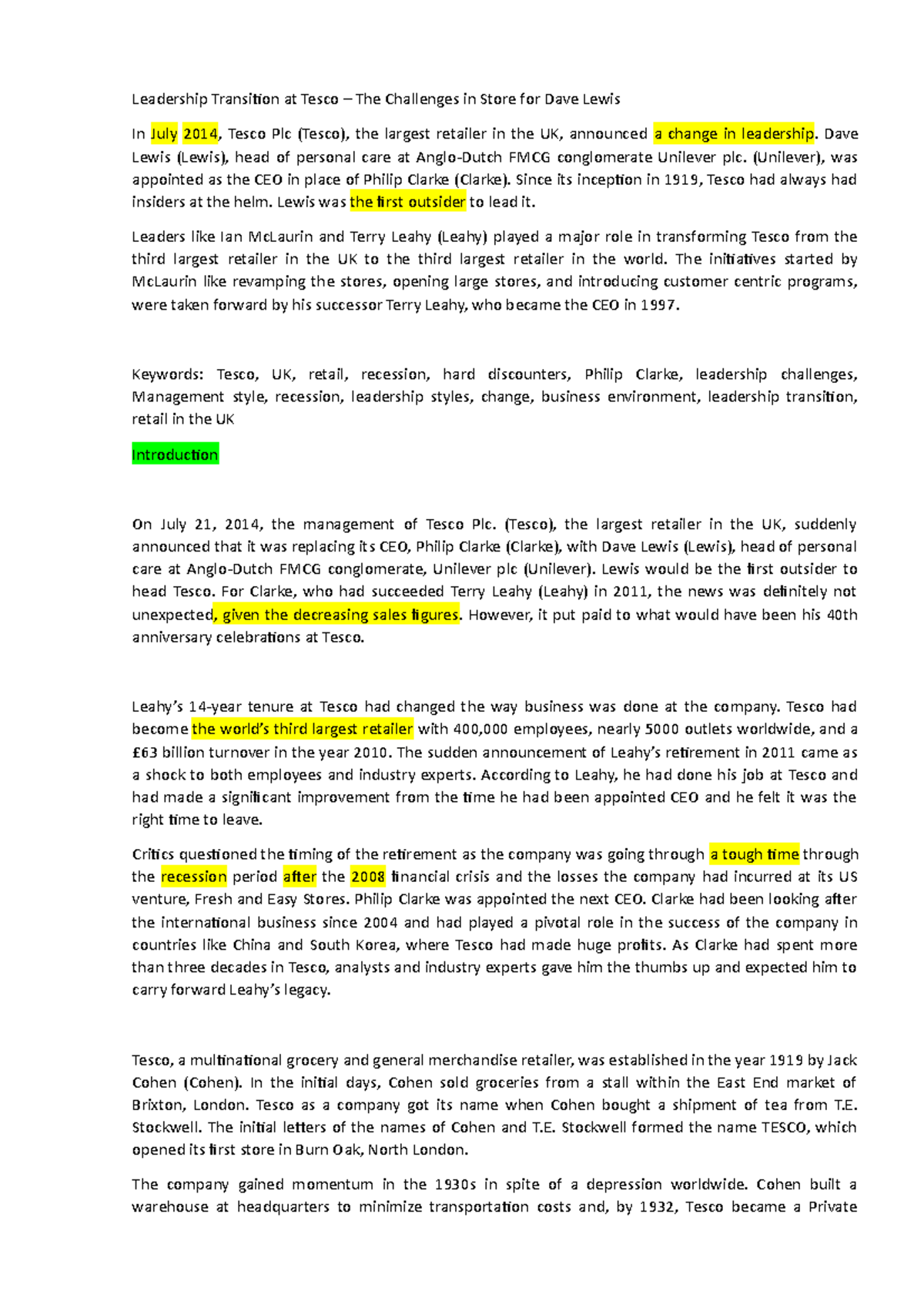 Tesco - Case study - Leadership Transition at Tesco – The Challenges in ...