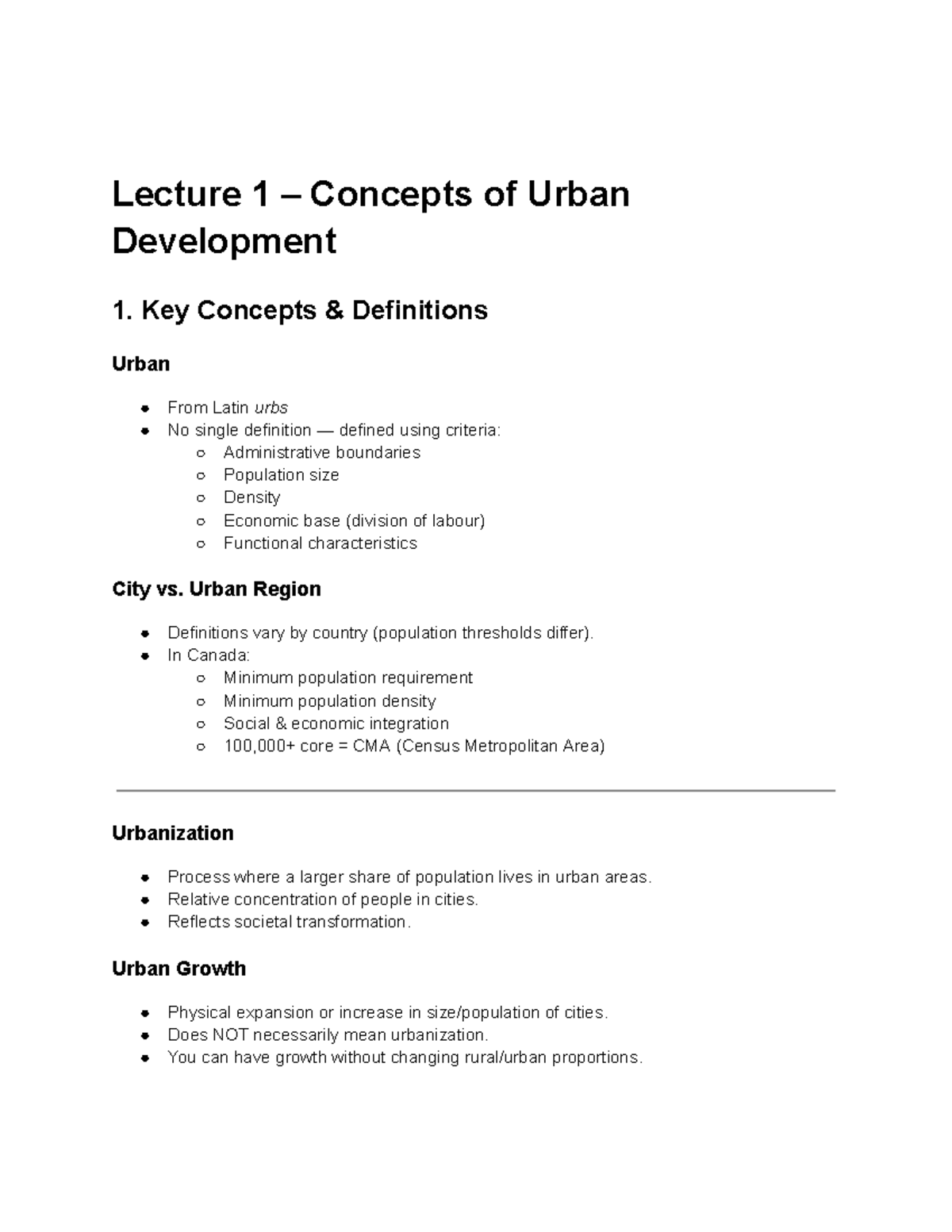 Lecture 1: Key Concepts in Urban Development and Growth - Studocu