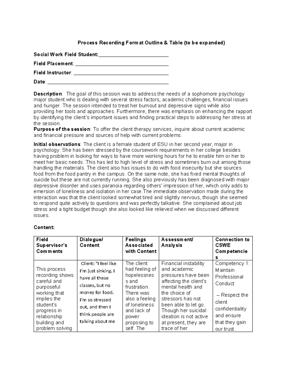 PSY 201: Process Recording - Counseling Session Analysis and Insights ...