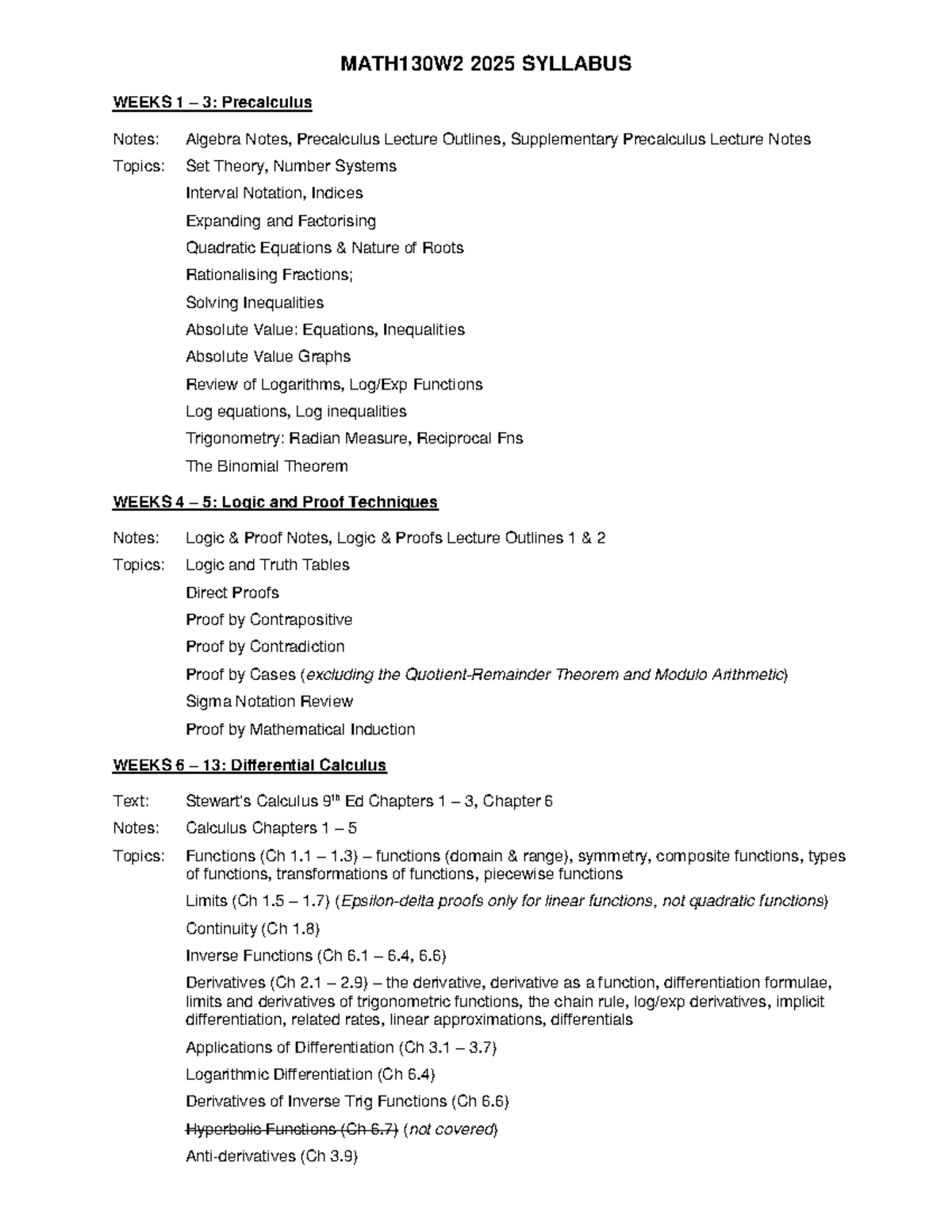 MATH130 W1 2025 Syllabus Topics - MATH130W2 2025 SYLLABUS WEEKS 1 – 3 ...