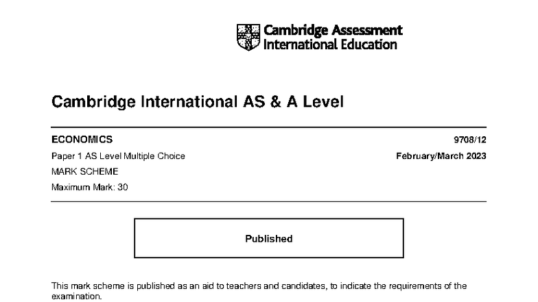 Cambridge International AS A Level ECONOMICS 9708/12 Mark Scheme 2023 ...