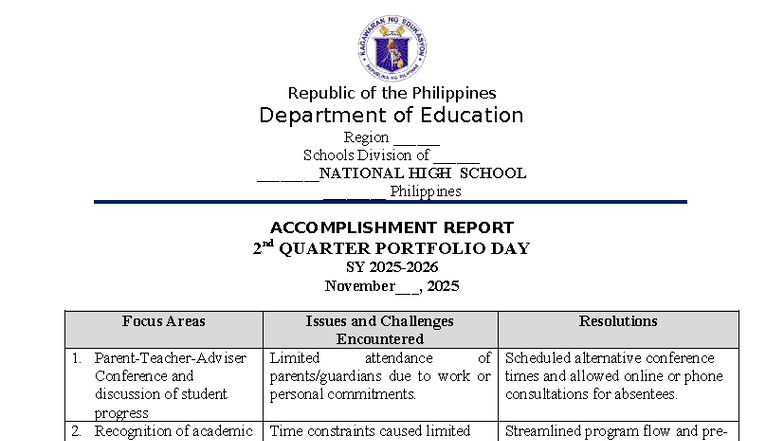 Accomplishment Report: 2nd Quarter Portfolio Day - SY 2025 - Studocu