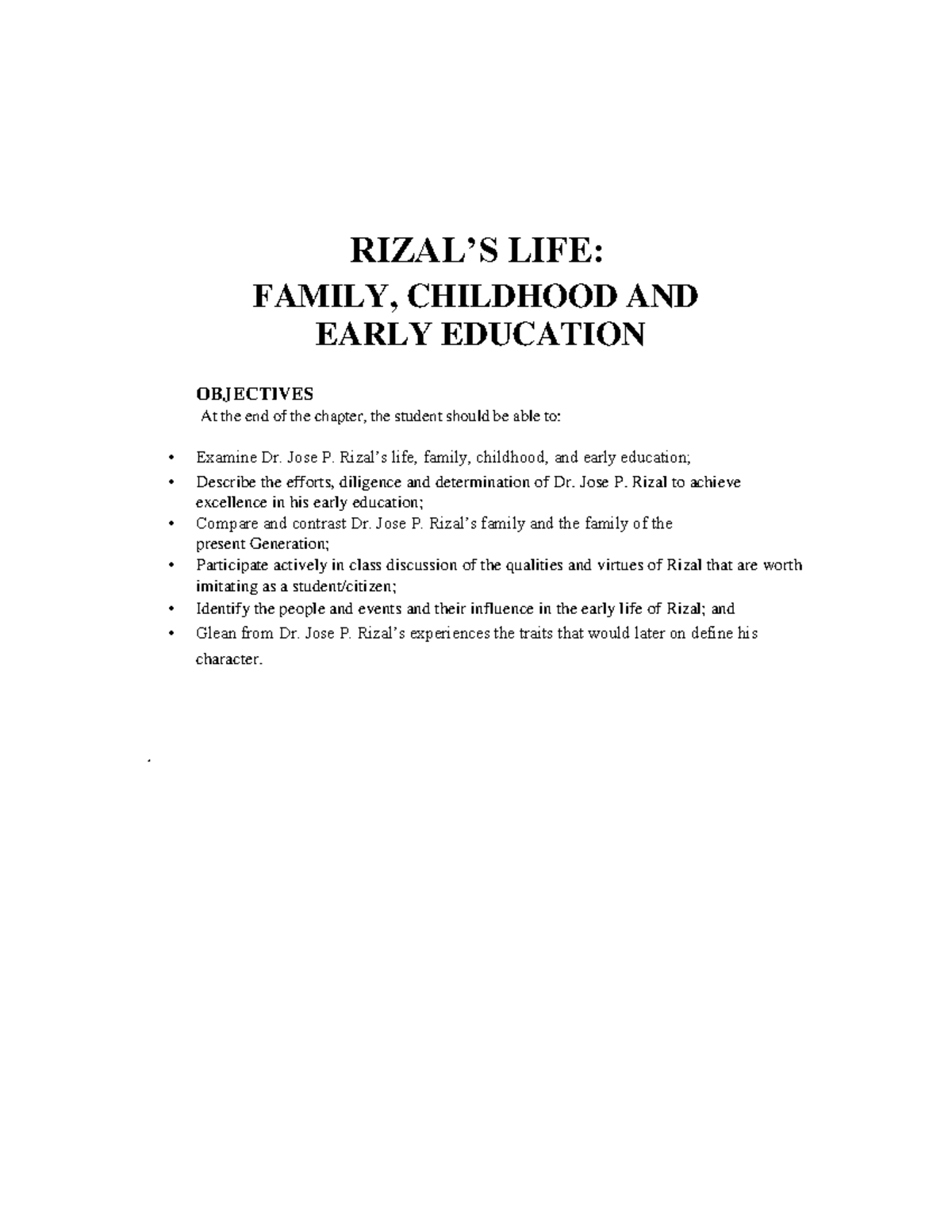 LIFE 101: Family, Childhood, and Early Education of Jose Rizal - Studocu