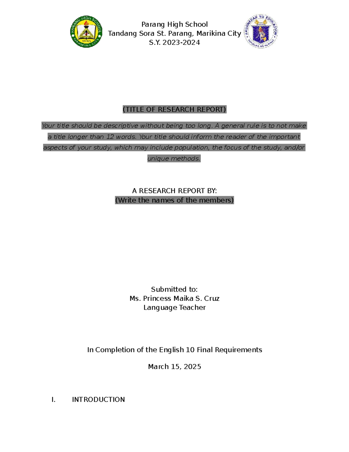 Research Report Template for English 10 Final Requirements - Studocu