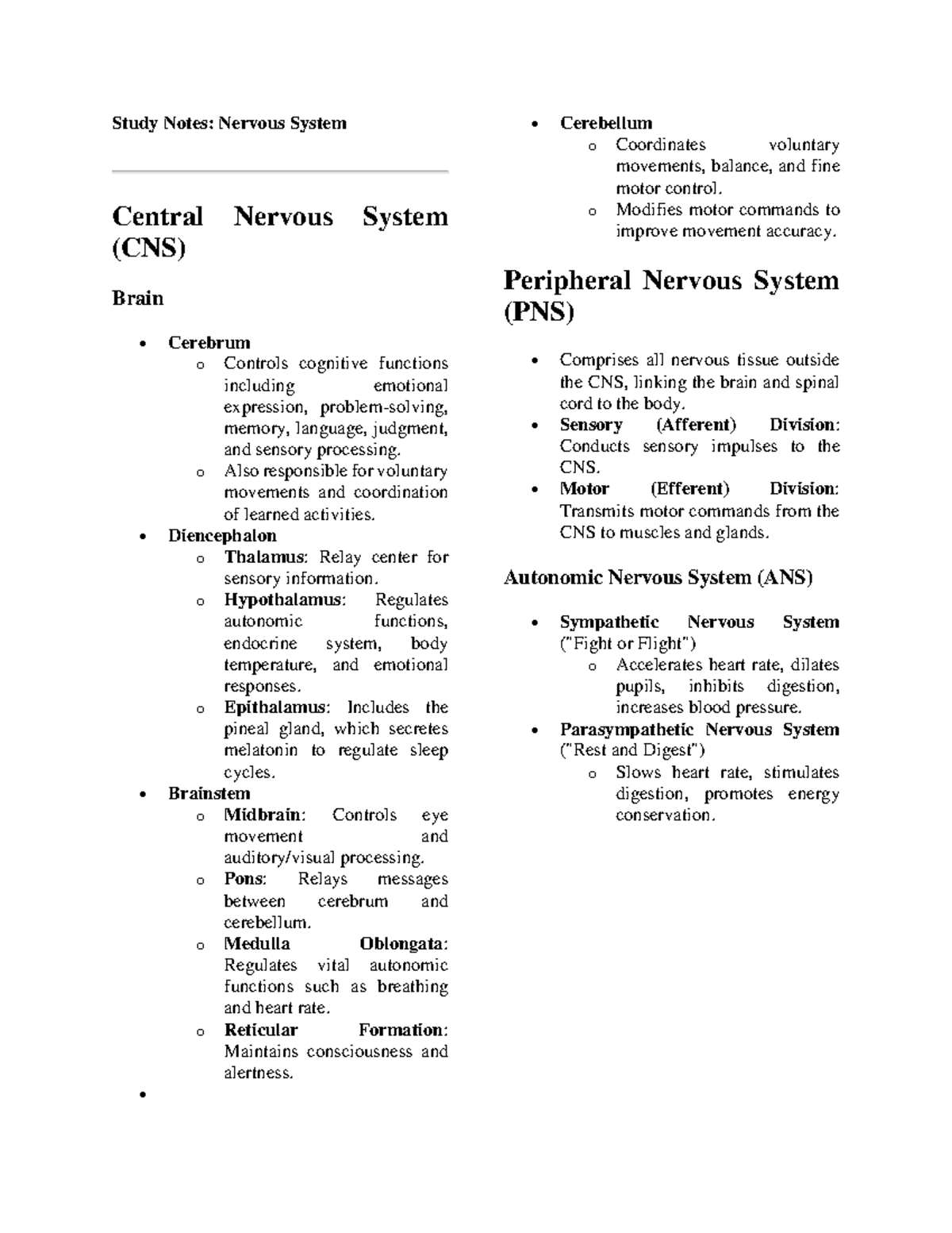 CN Assessment - Study Notes: Nervous System Central Nervous System (CNS ...