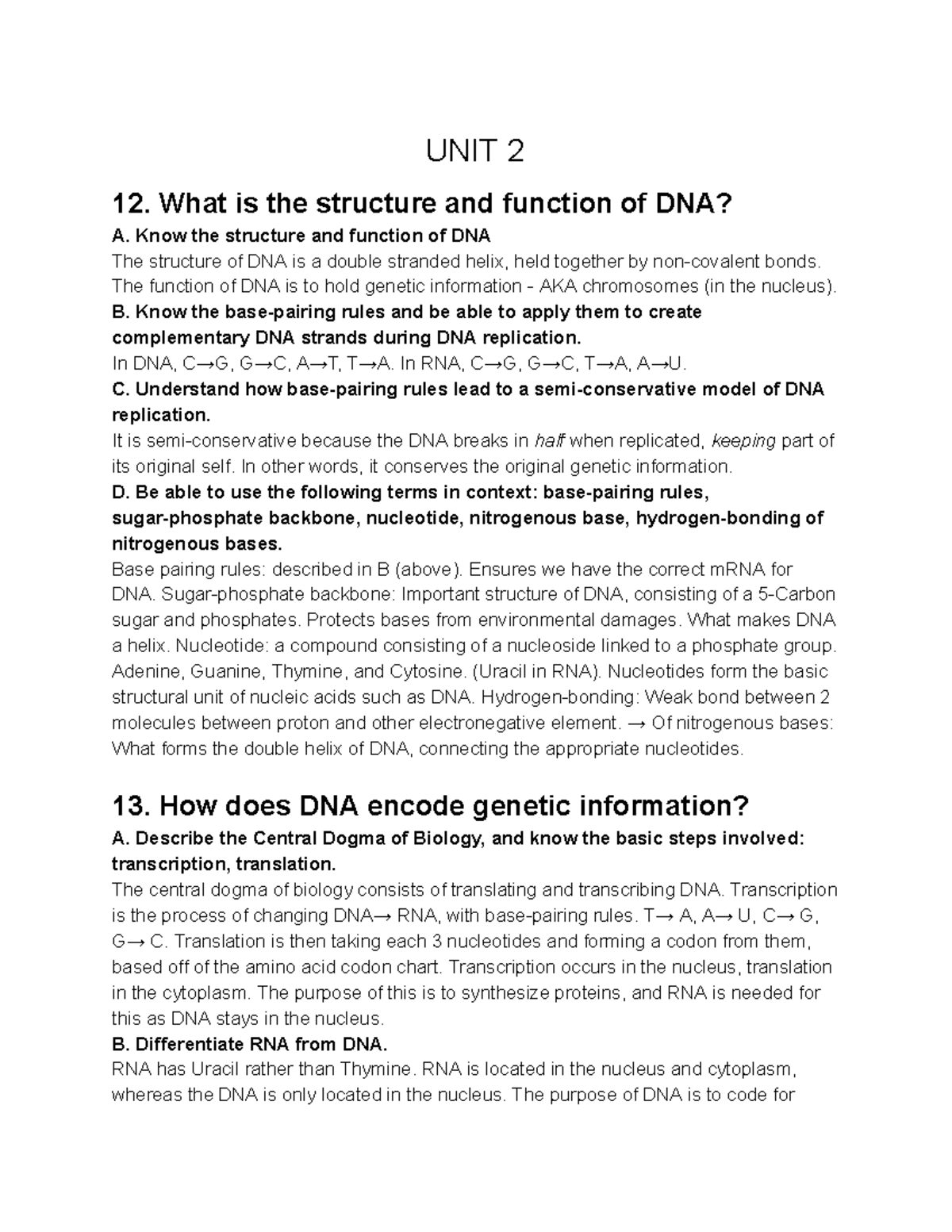 UNIT 2 - DNA Structure, Function, and Genetic Information Goals - Studocu