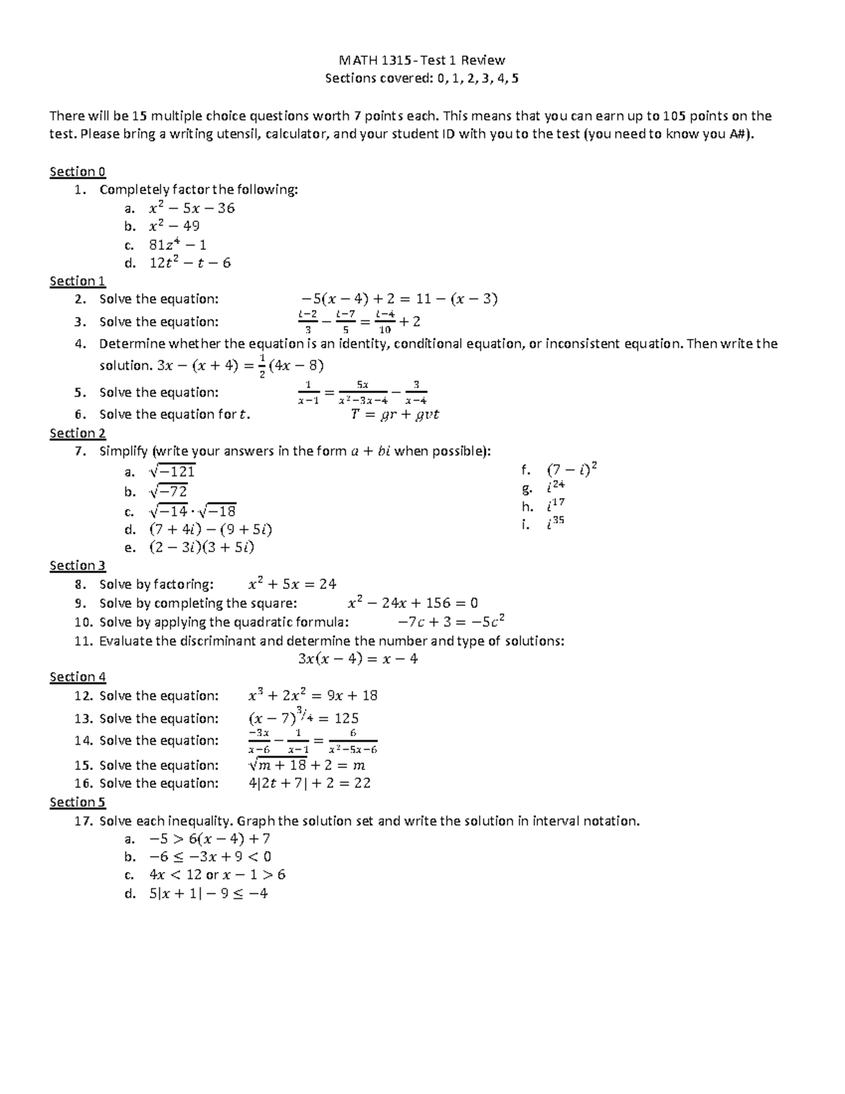 MATH 1315 - Test 1 Review - Studocu