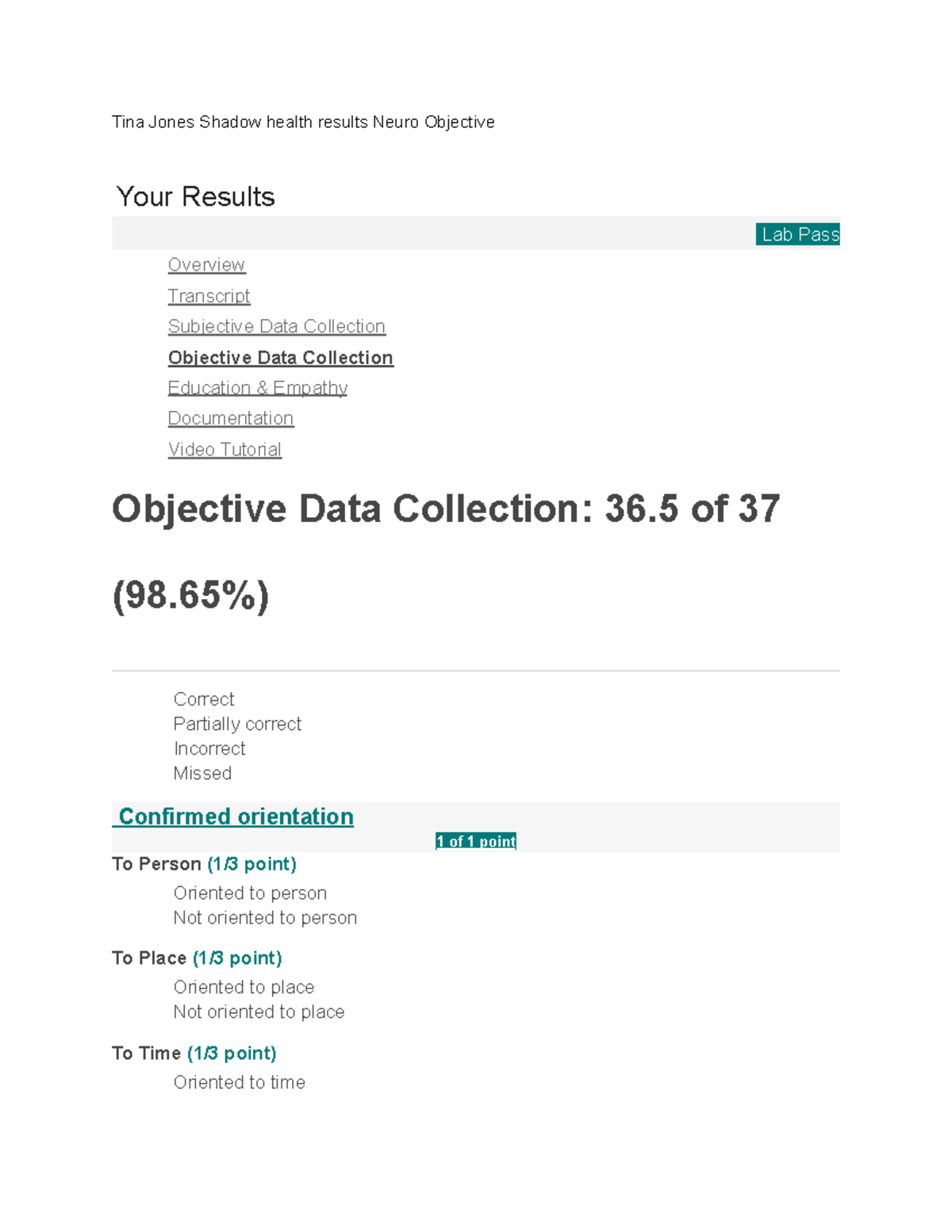 Tina Jones Neuro Objective Data Results 2025 - Tina Jones Shadow health ...