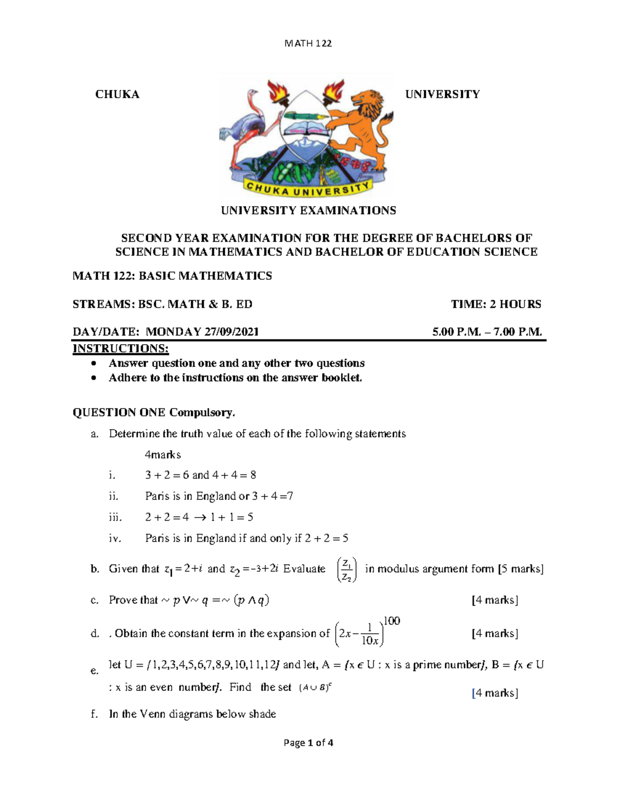 MATH 122 - Basic Mathematics Final Exam Questions and Solutions - Studocu