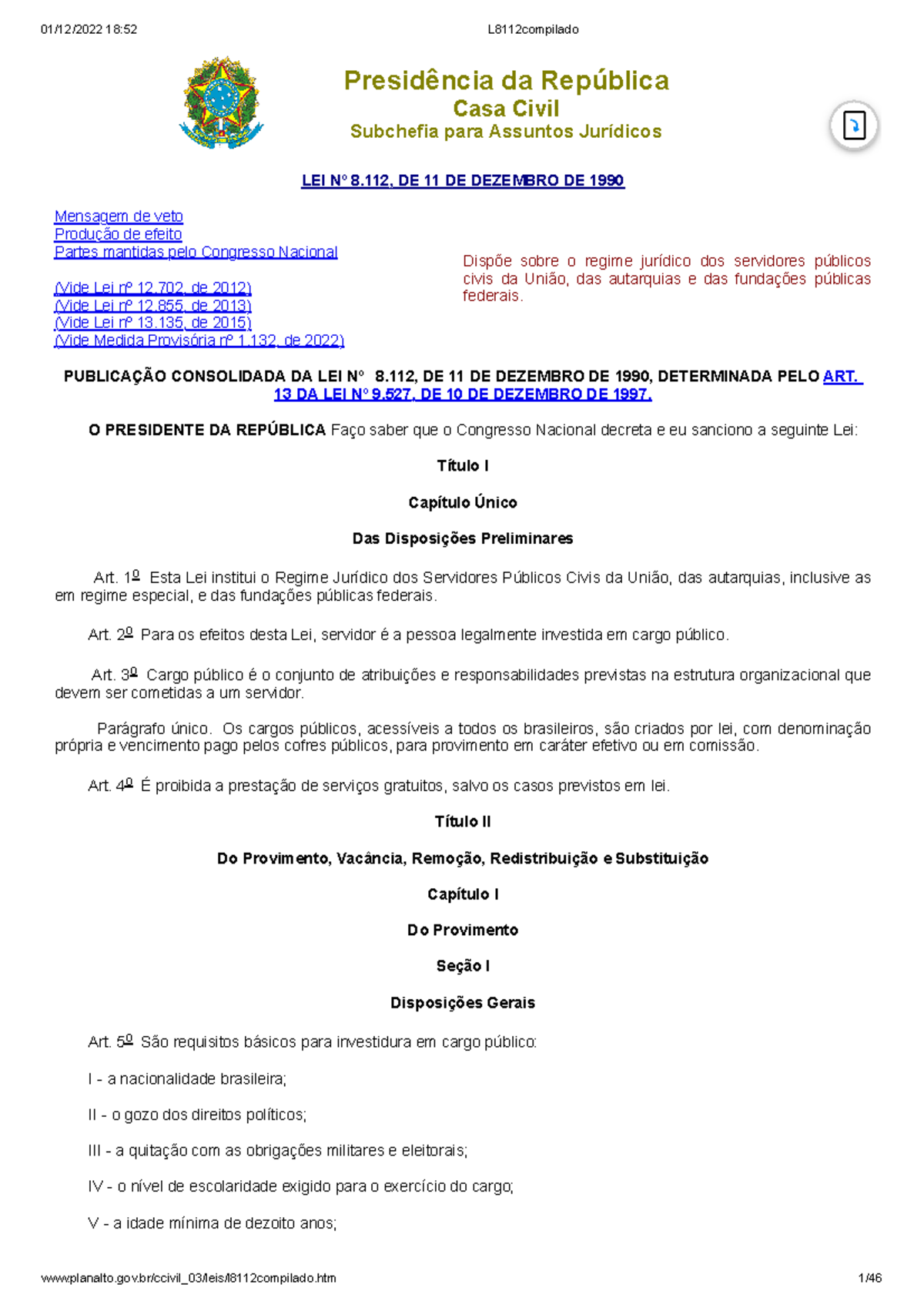 Compilado da Lei nº 8.112/1990 - Regime Jurídico dos Servidores ...