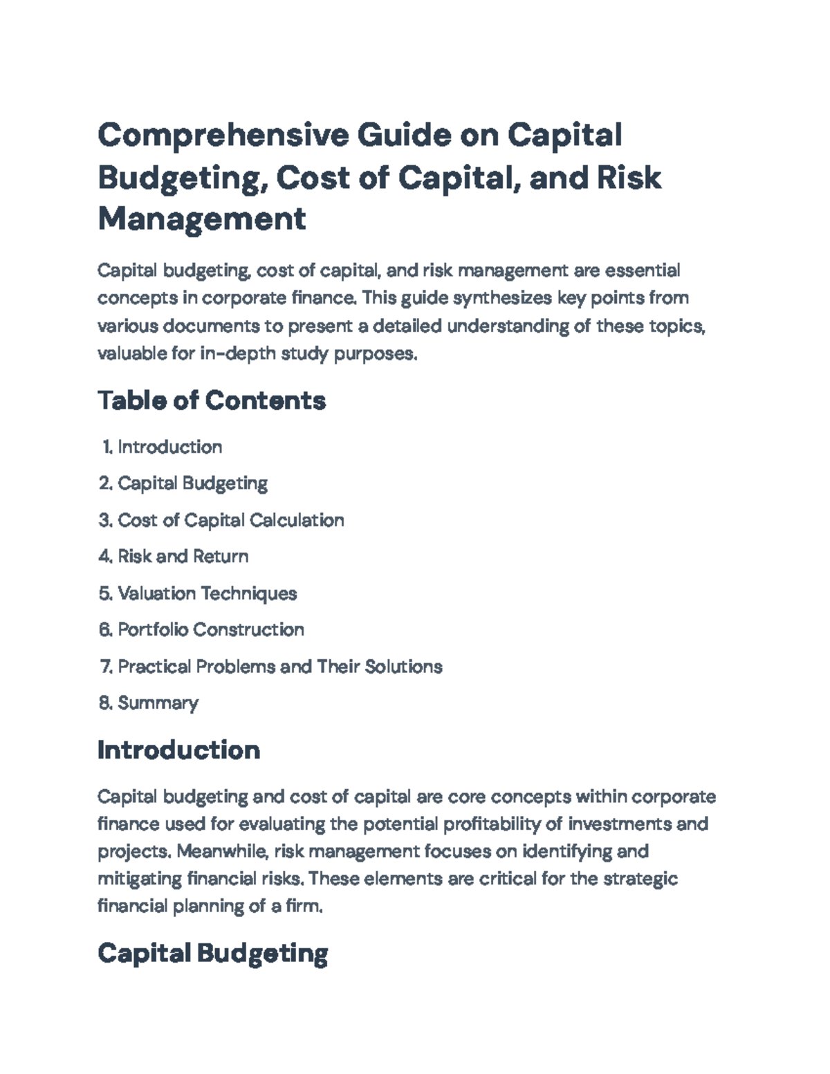 Comprehensive Study Guide: Capital Budgeting, Cost of Capital & Risk ...