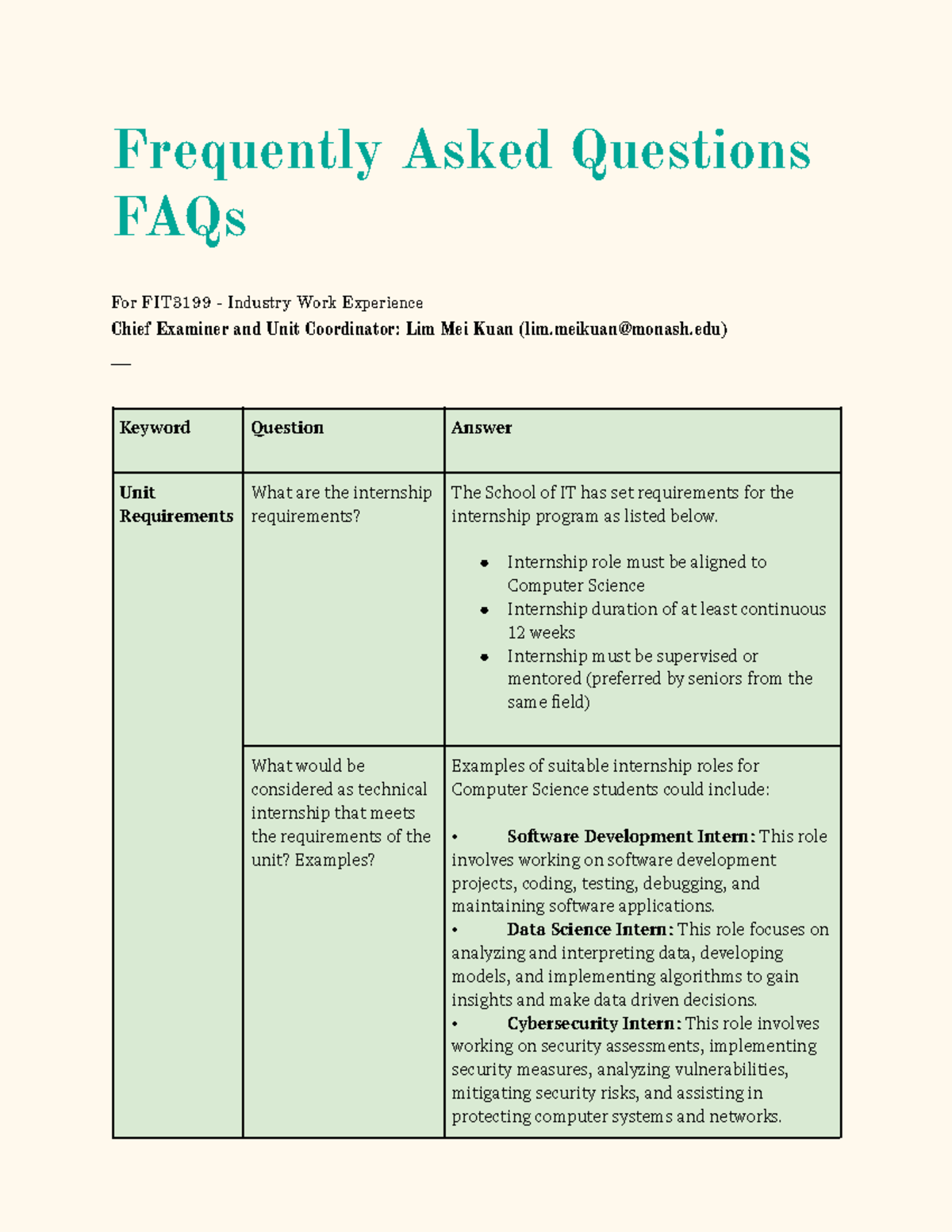 FIT3199 FAQs: Internship Requirements & Guidelines for CS Students ...