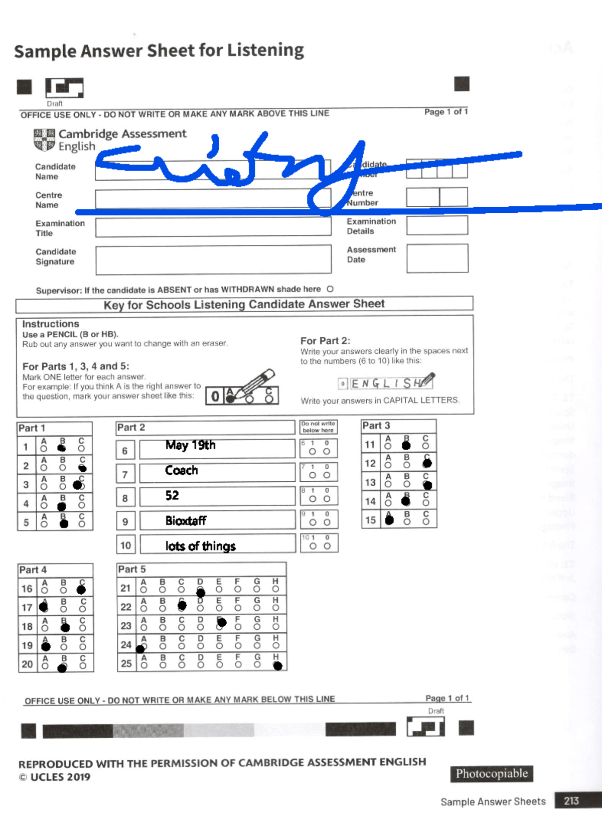 KET5 Listening Answer Sheet Sample for Test 7 - Studocu