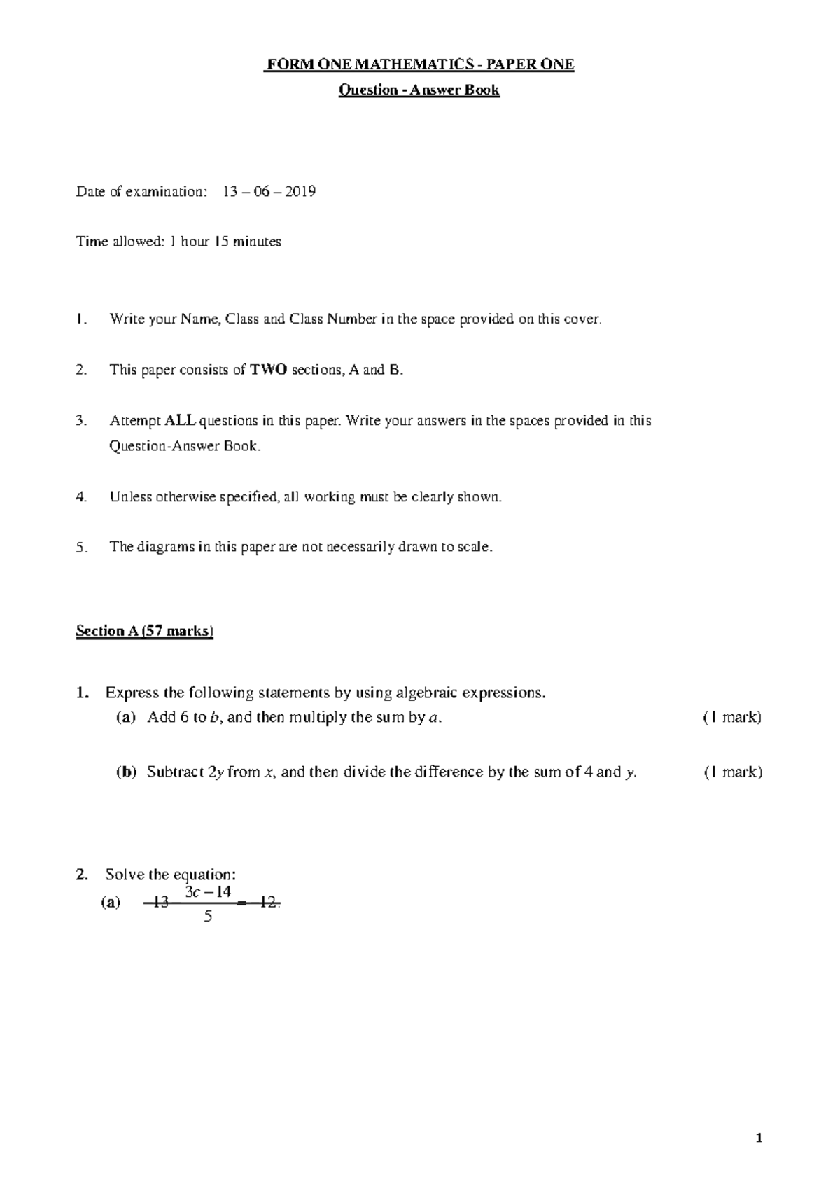 S1 Maths 2018-19 Final Exam Paper One Q&A - Studocu