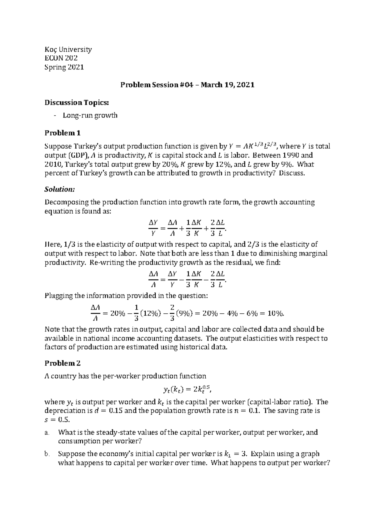 Koç University ECON 202 Spring 2021 Problem Session 04 Solutions - Studocu