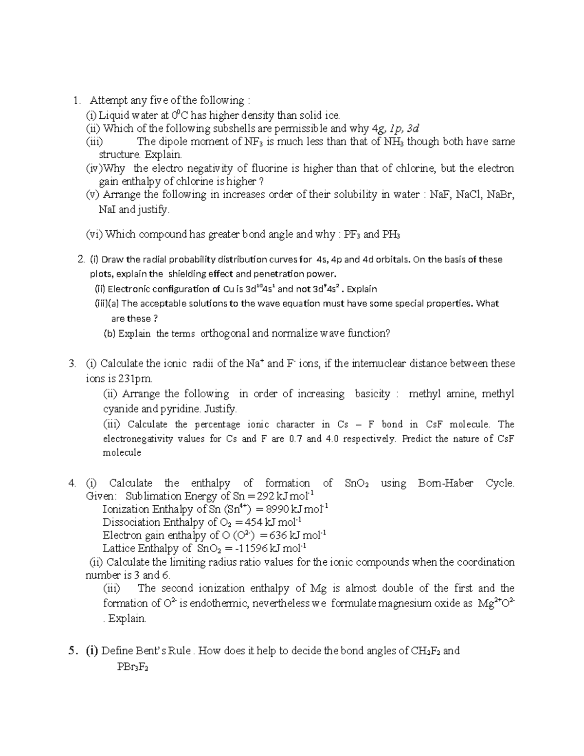 Inorg Ques - Notes for Sem 1 Students: Key Concepts & Problems - Studocu